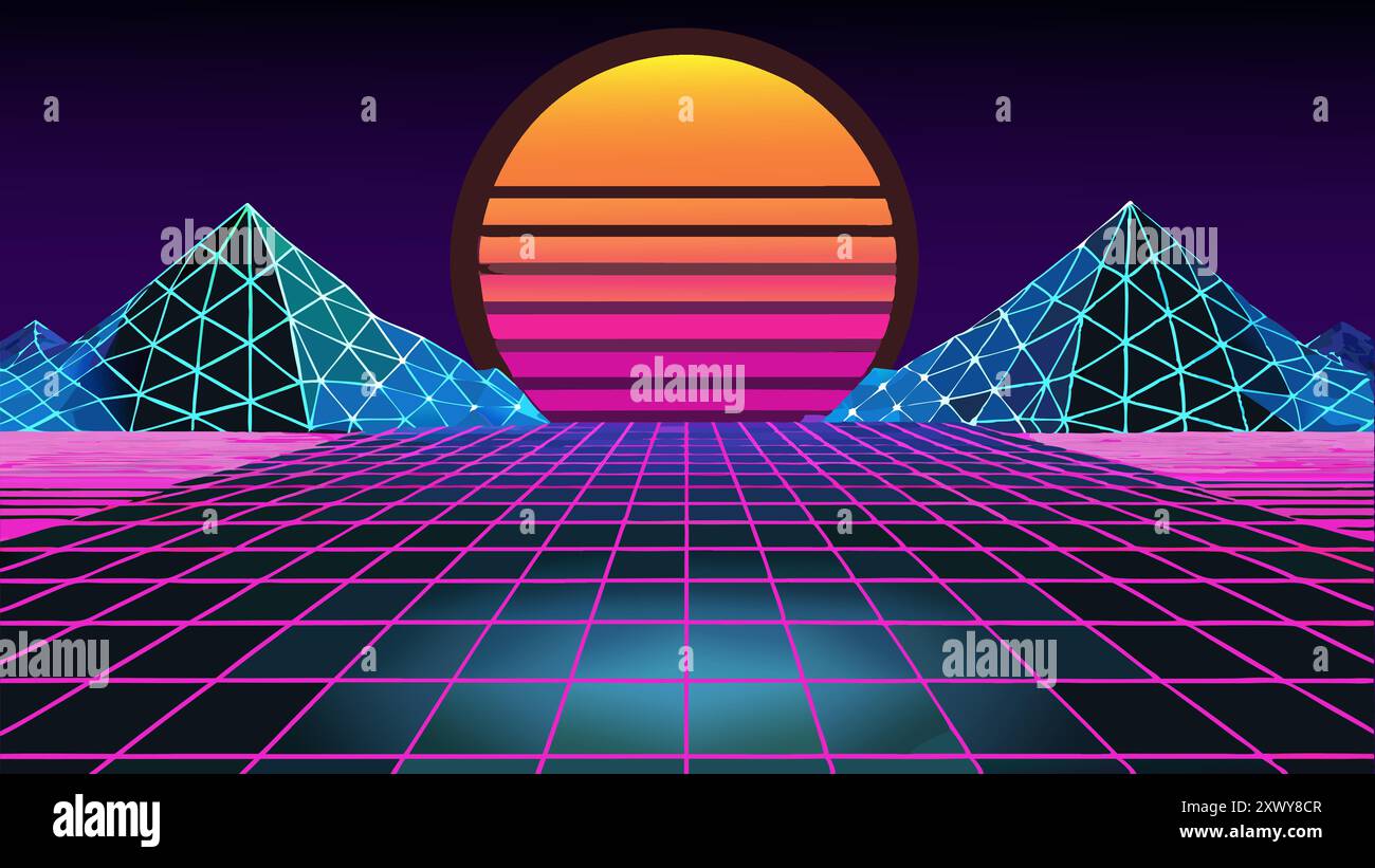 Vaporwave Retro Futuristic 80's Synthwave Landscape and Sun Background ...