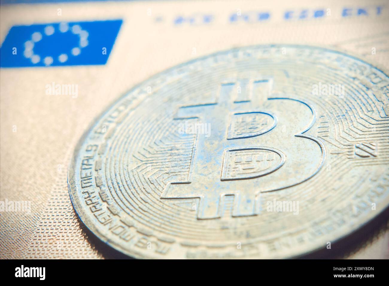 Bitcoin in front of Europe union flag. Digital cryptocurrency Stock ...