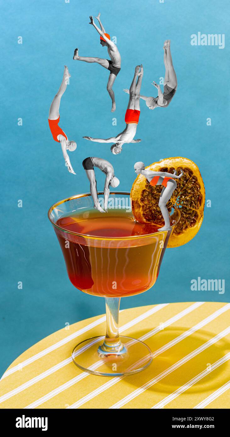 Poster. Contemporary art collage. Group of swimmers diving to glass of ...