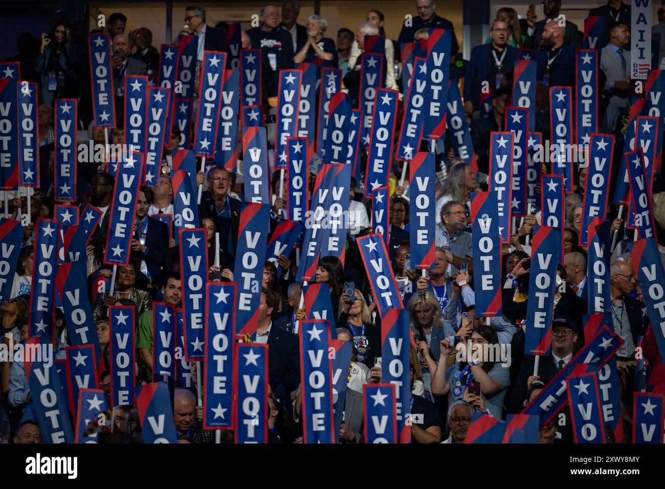 People hold up signs that say “Vote” at the 2024 Democratic National ...