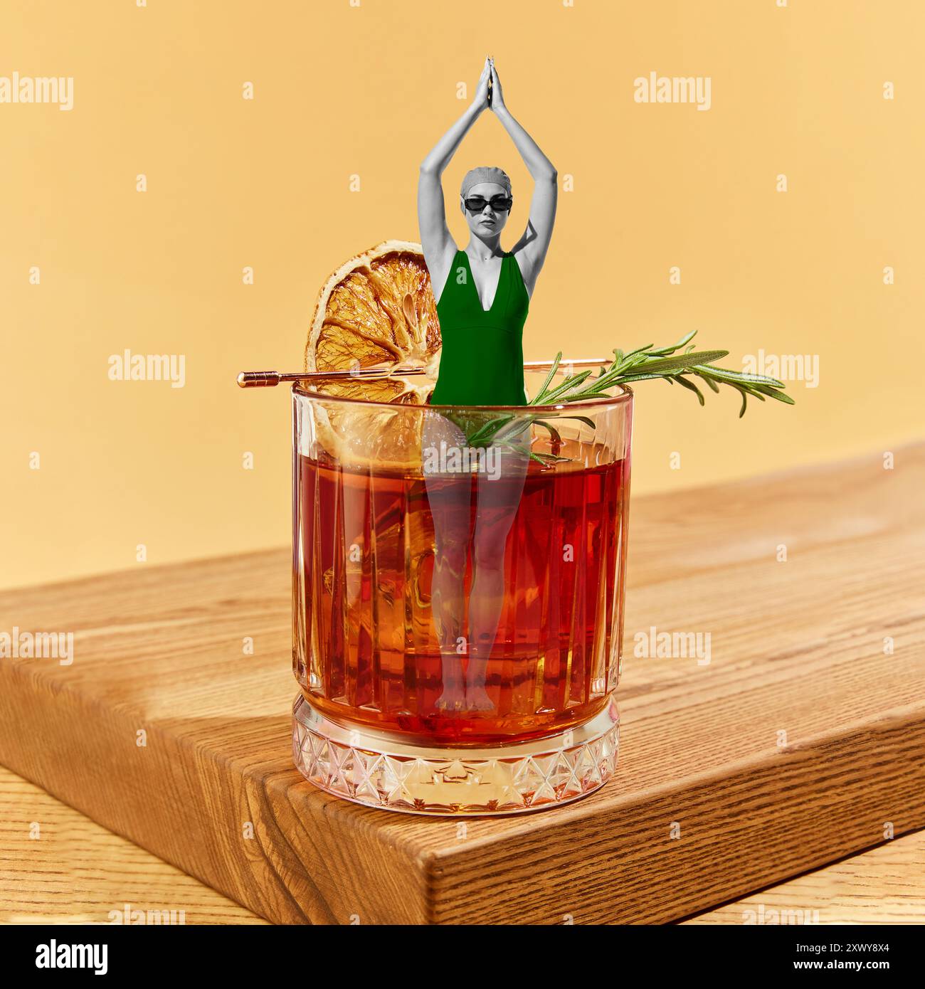 Poster. Contemporary art collage. Poised swimmer emerges from rich ...