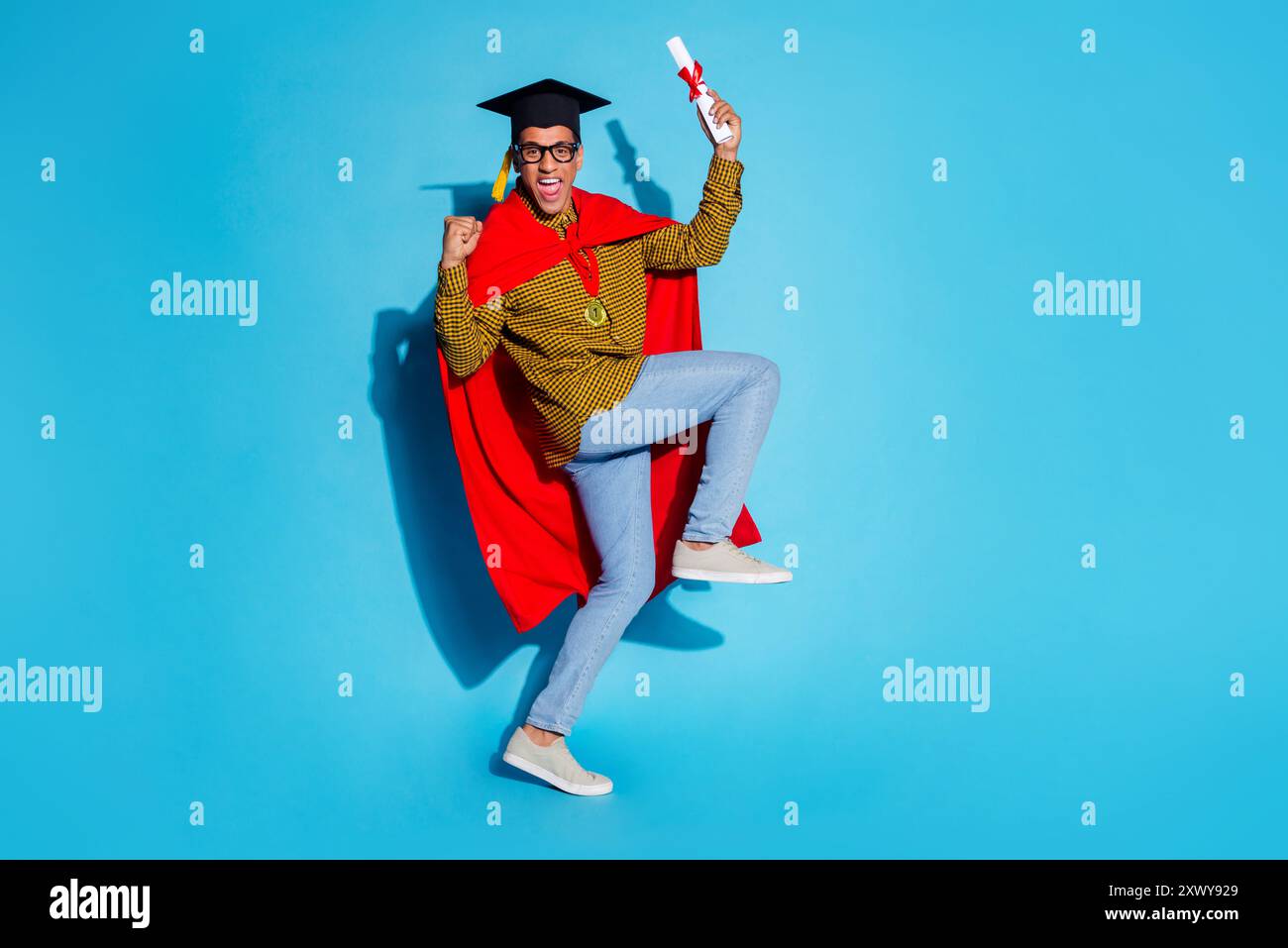 Full body photo of attractive young man receive diploma graduation ...