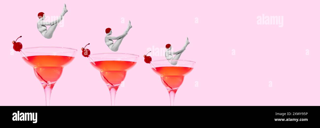 Banner. Contemporary art collage. Synchronized divers, poised in ...