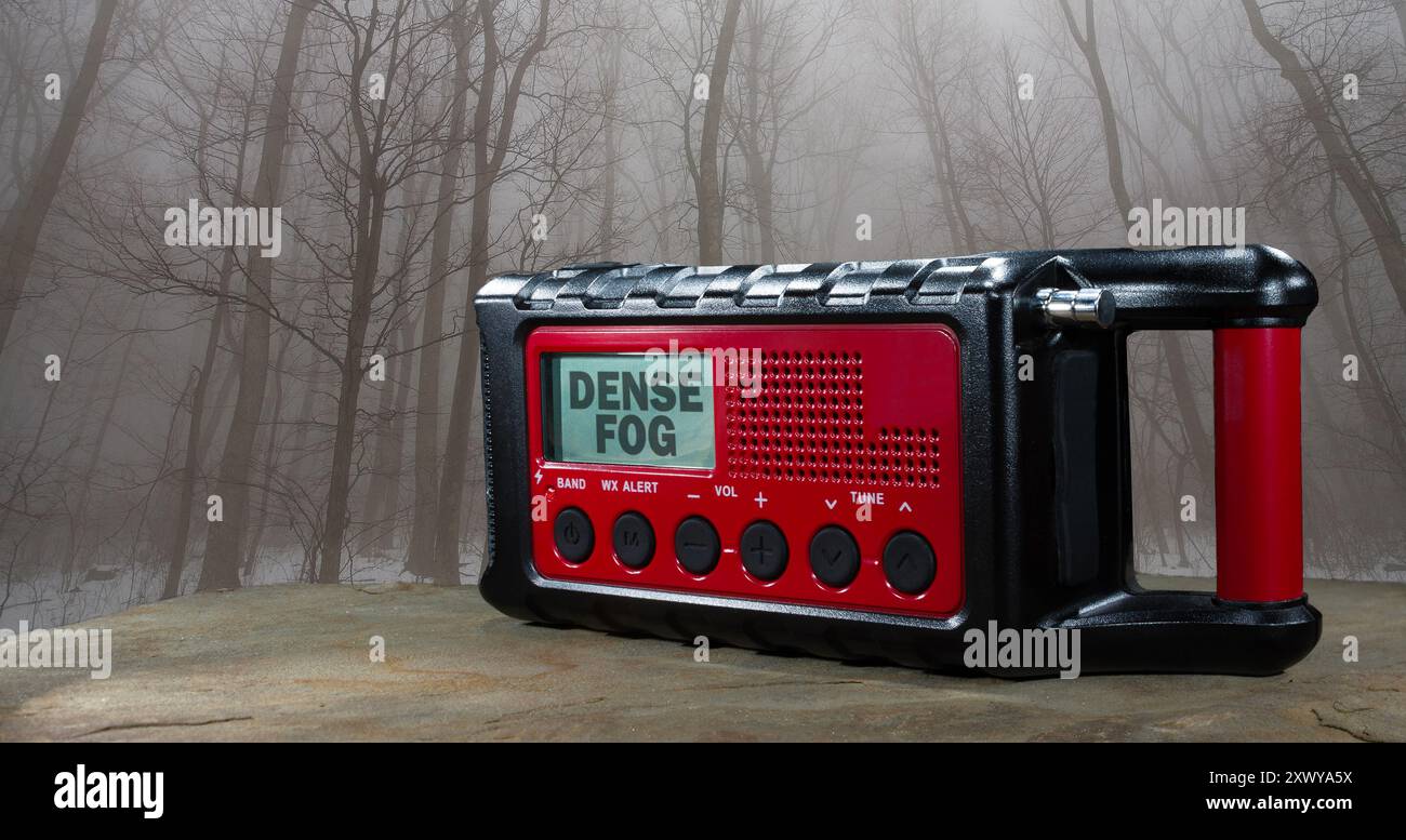 LCD screen on a weather radio showing the dense fog warning issued by ...