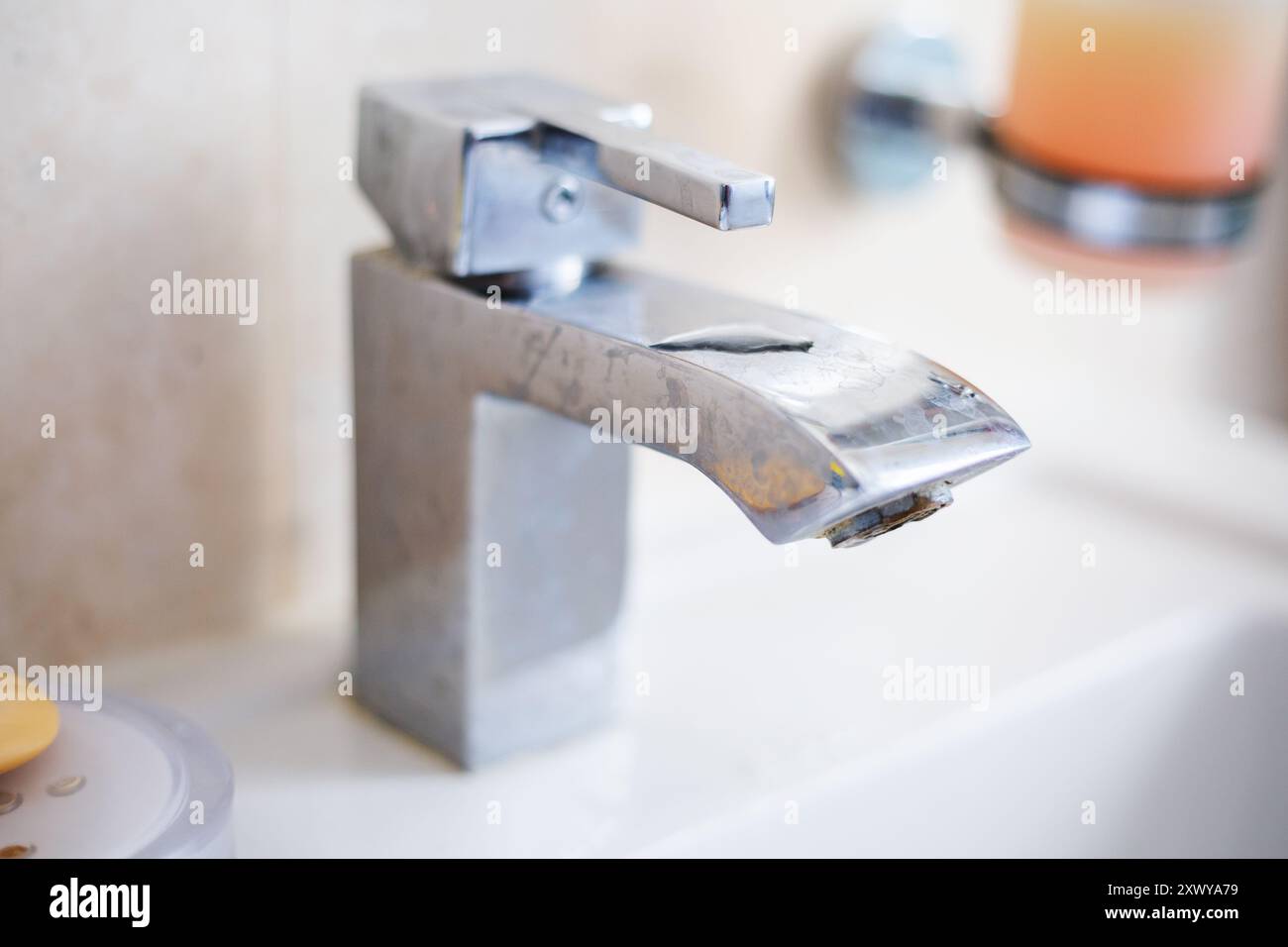 Old chrome tap with limescale deposits Stock Photo - Alamy