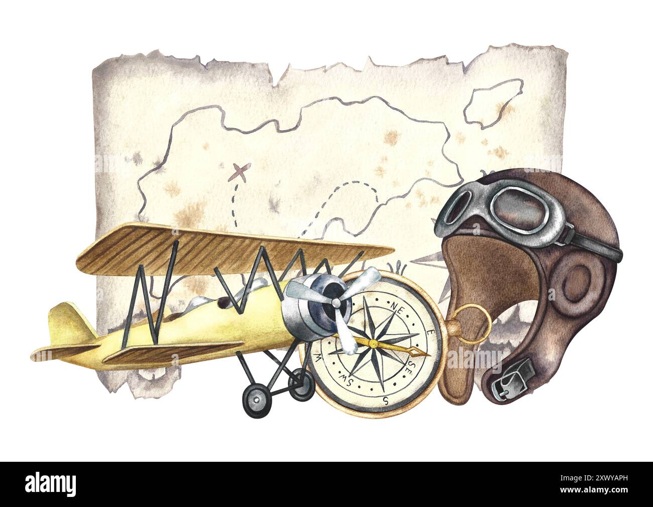 A vintage retro airplane, an old pilot's helmet, a compass and an ...