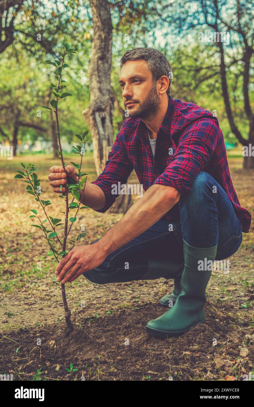 Giving a new life. Thoughtful young man planting the tree while working ...
