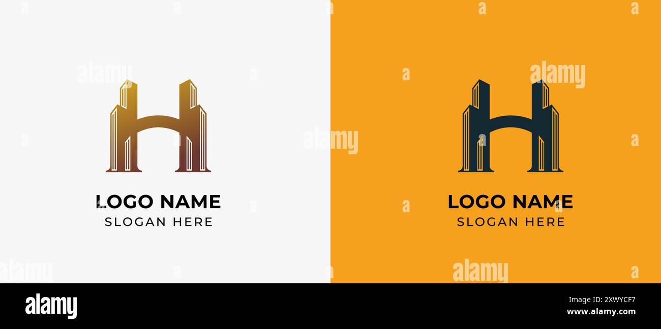 Logo Letter H and Bridge with two Skyscrapers Building in Gold luxury ...