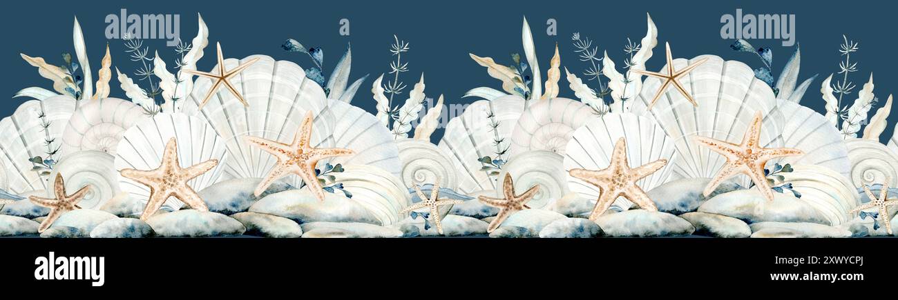 Seamless border of beige sea shells, seaweed, starfish and pebbles ...