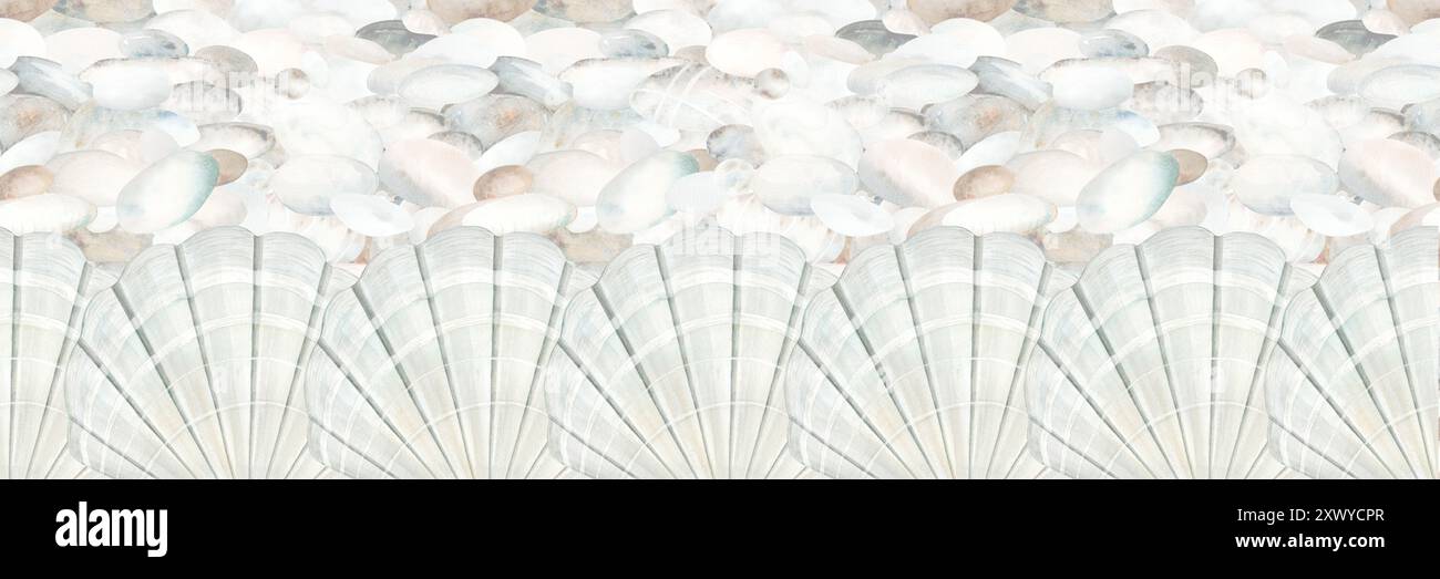 Seamless pattern with bordure of beige pebbles and shells watercolor ...