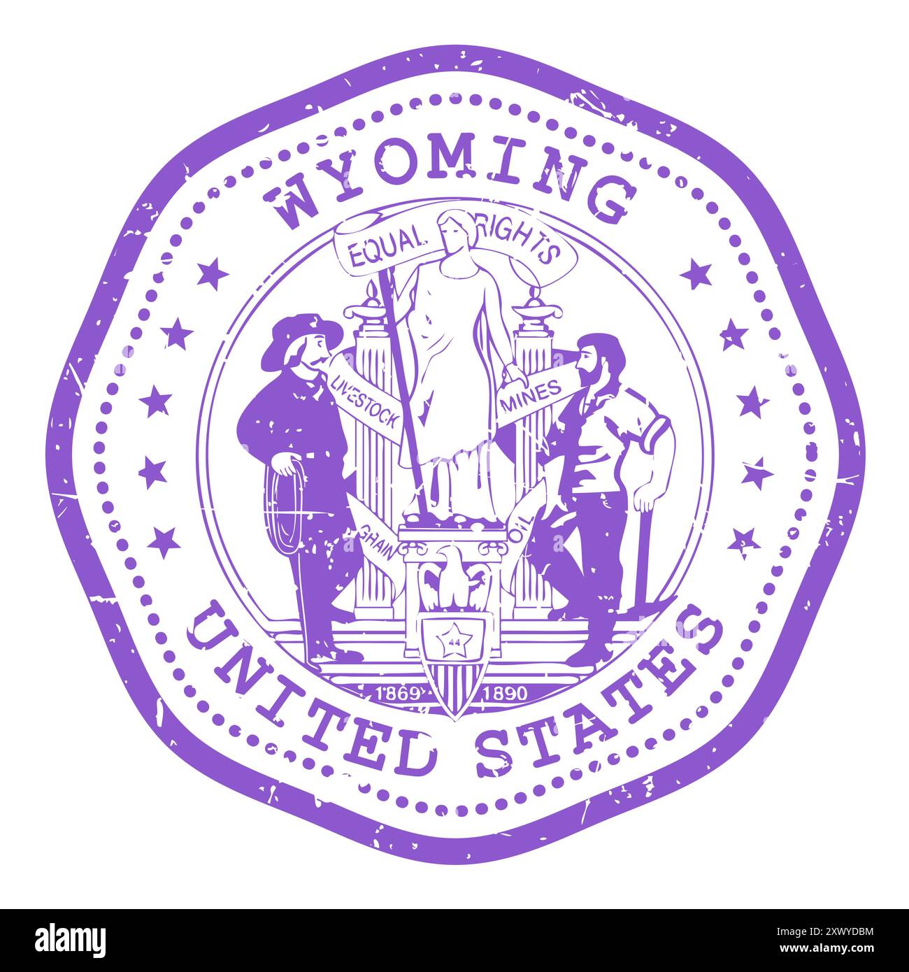 Wyoming state stamp with seal, USA travel stamp, shabby postmark of ...