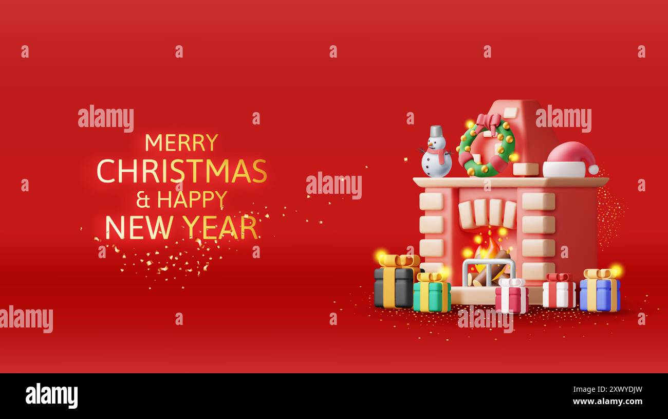 3D red brick new year fireplace Stock Vector Image & Art - Alamy