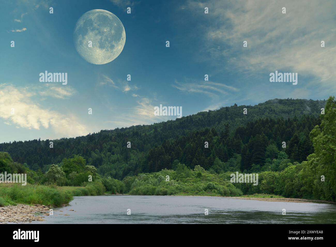 Highly detailed bright full moon (supermoon) in the twilight or night ...