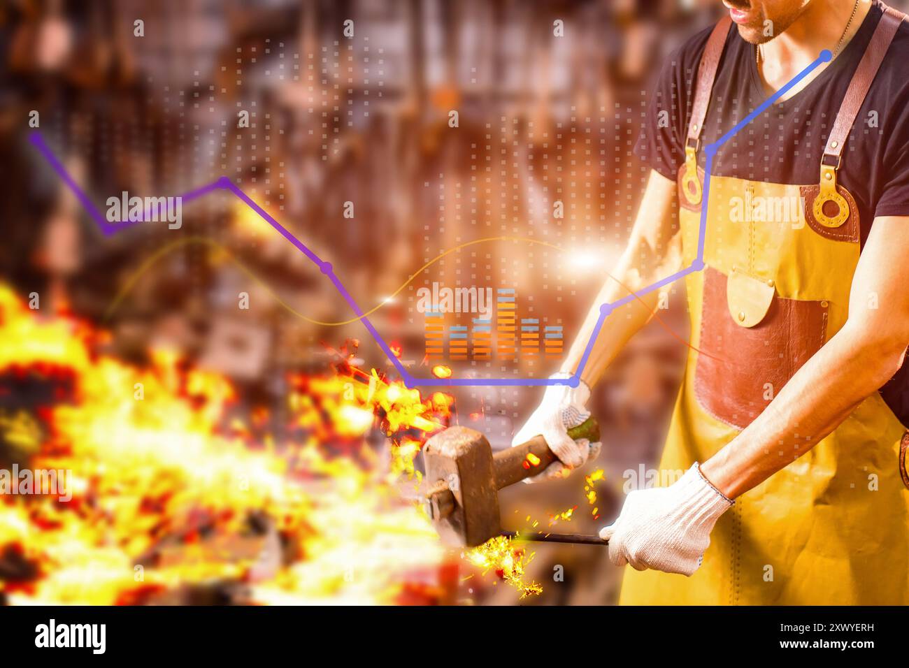 A man in a black shirt and yellow apron stands in front of a wall of ...