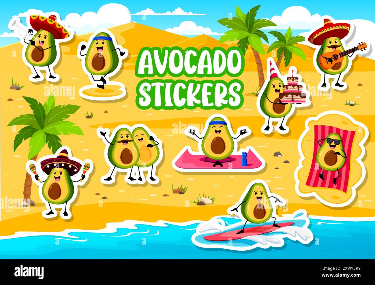 Stickers of funny Mexican avocado characters. Vector set of patches ...