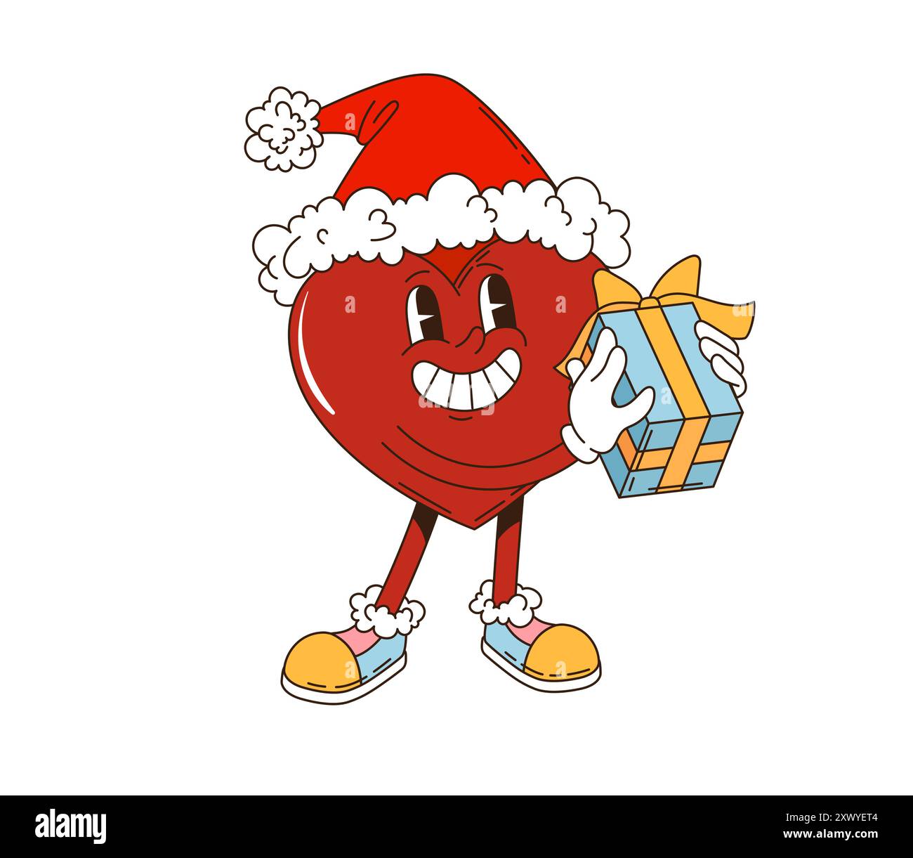 Retro groovy heart character in Christmas hat with gift. Isolated ...