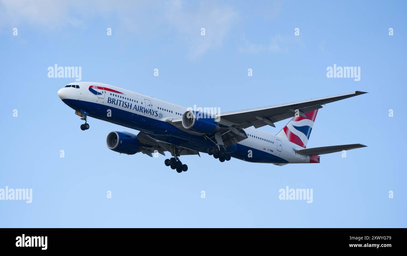 London, UK - August 20th 2024: British Airways Boeing 777 landing at ...