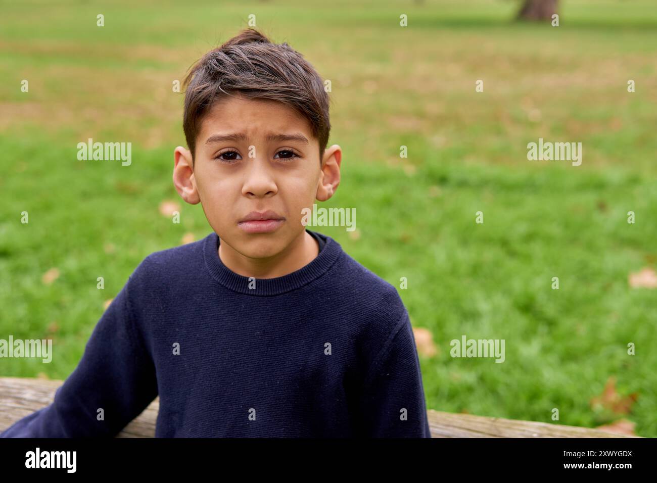portrait of latin boy face with worried expression on a green lawn ...