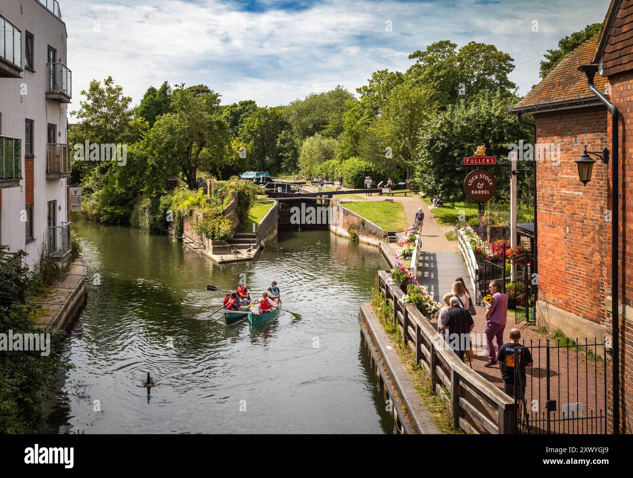 People paddle kayaks down the River Kennet next to Newbury Lock on the ...