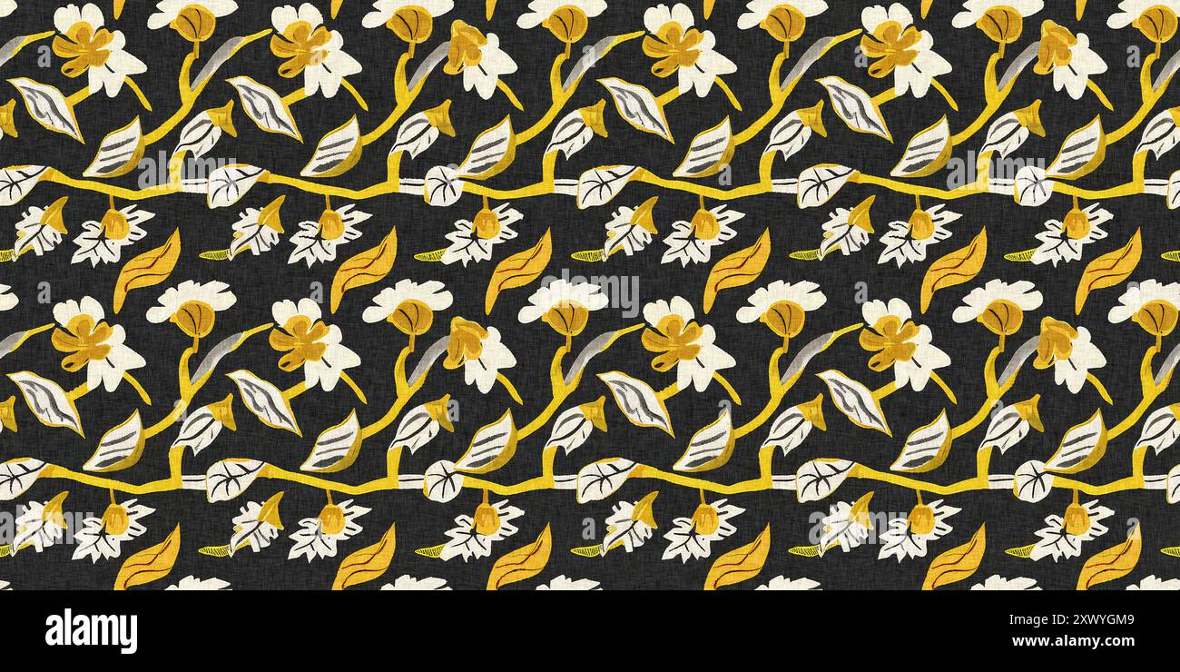 Modern printed fabric flower block print pattern with linen texture ...