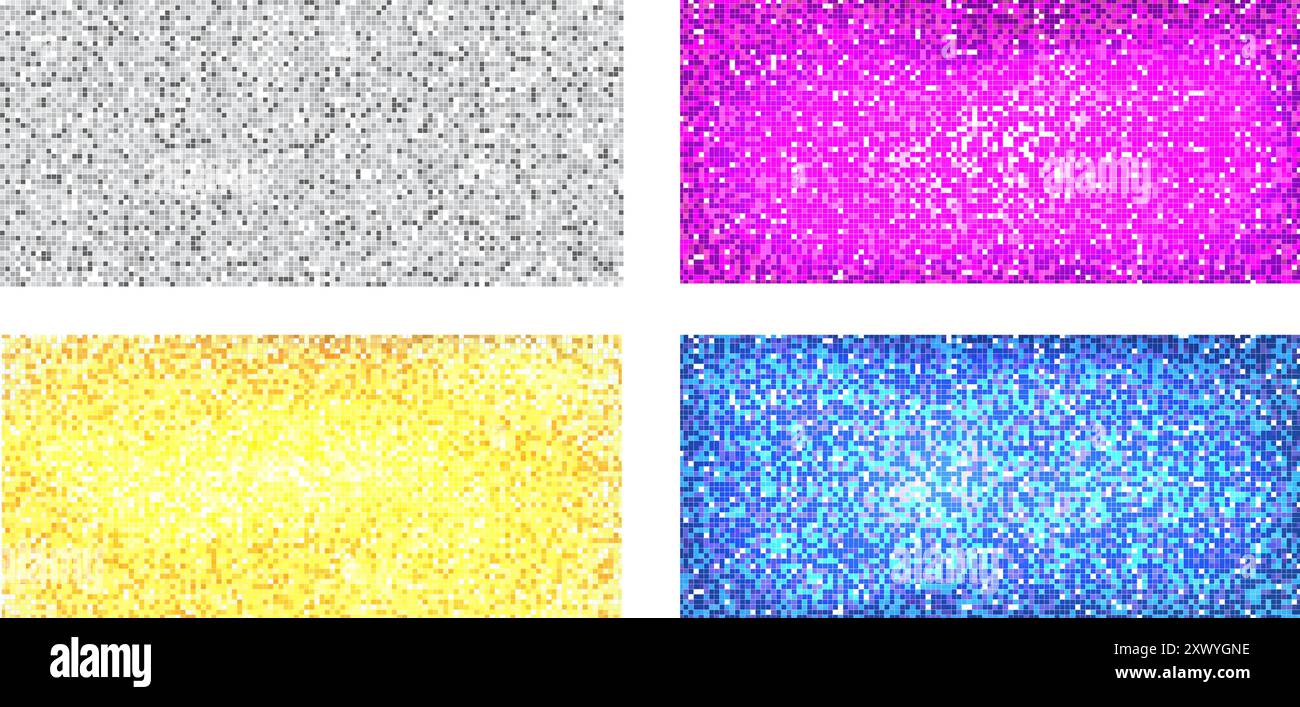 Disco ball colorful patterns collection. Purple, yellow and blue square ...