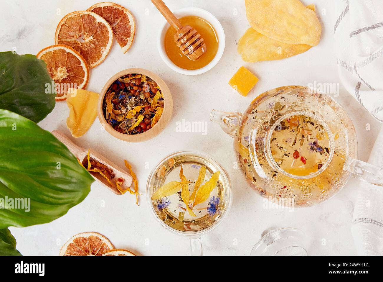 Aesthetic tea time, herbal tea table setting. Natural mountain organic ...