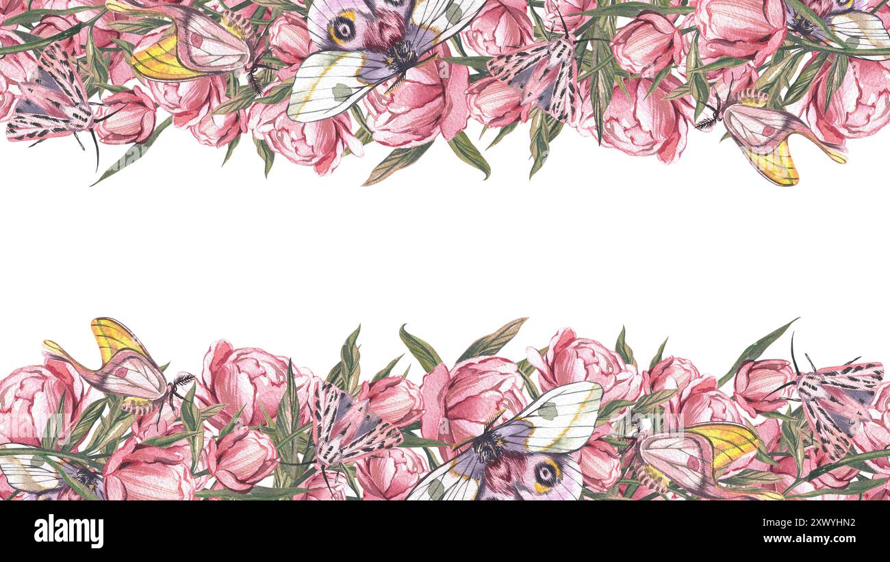 Seamless border butterfly with detailed wing, pink peony flower, bud ...