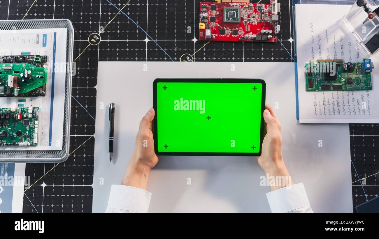 Creative Engineer Holding Tablet with Green Screen Mock Up Display ...