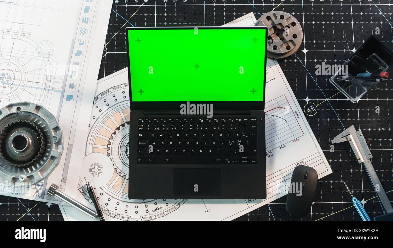 Top View of a Laptop Computer with Mock Up Green Screen Chromakey ...