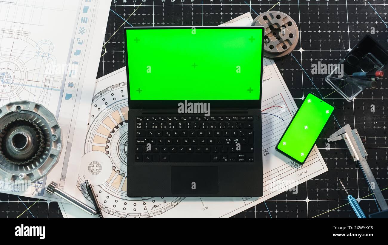 Top Down View of a Laptop Computer with Mock Up Green Screen Standing ...