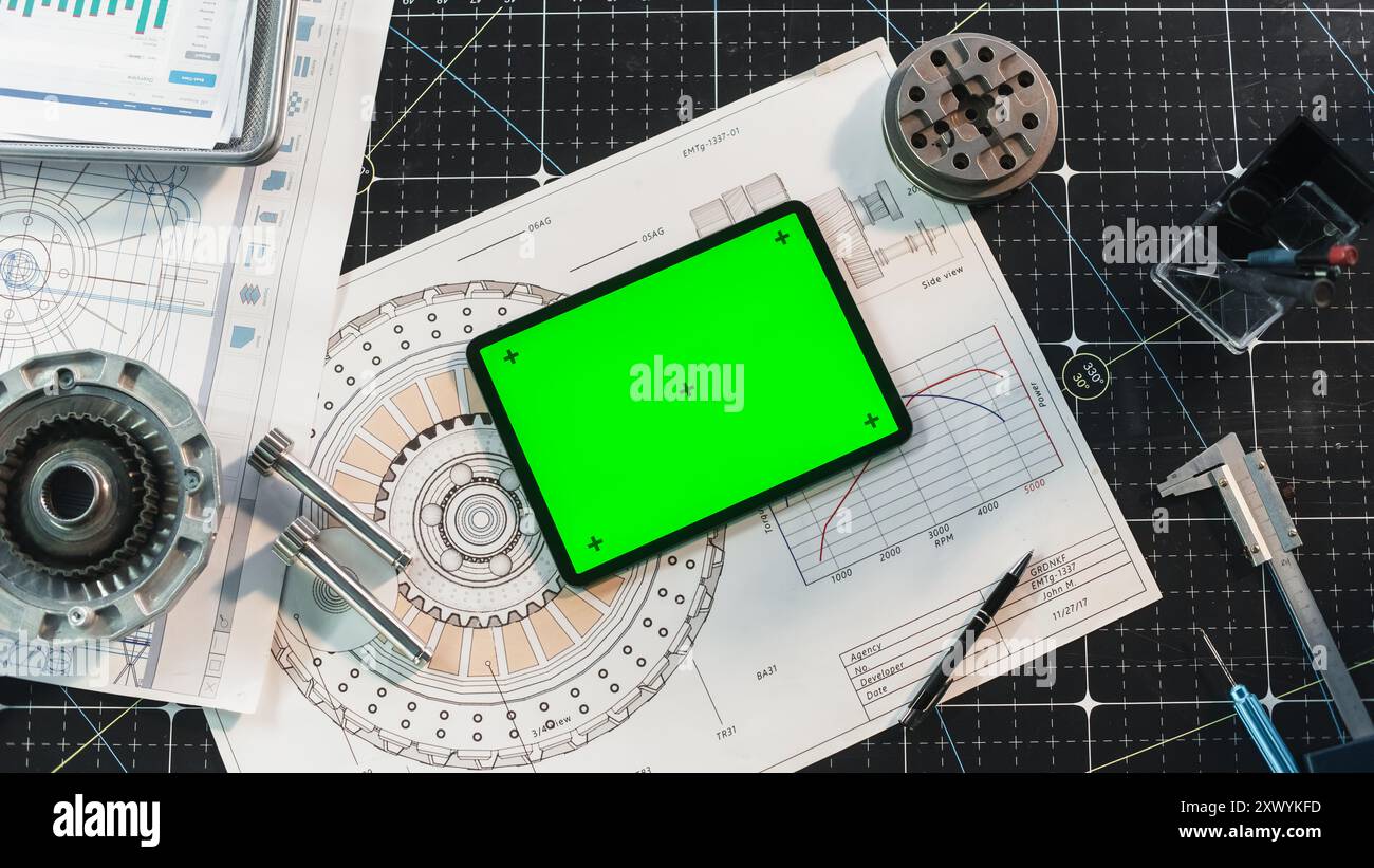 Top View of a Tablet Computer with Mock Up Green Screen Chromakey Display with Motion Trackers ...