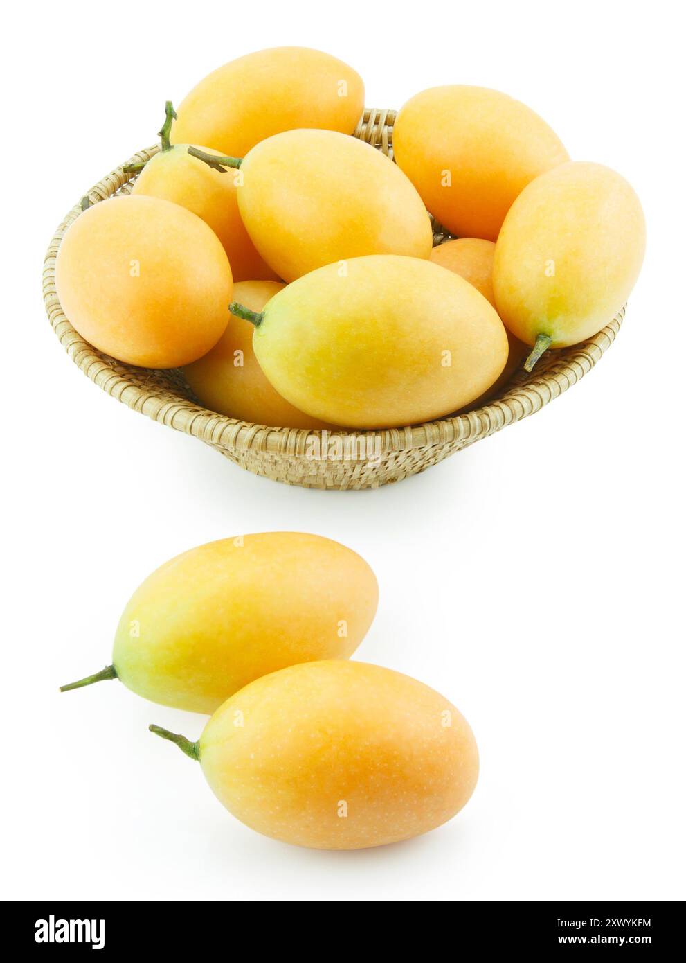 Sweet Marian plum fruit in basket on white background(Mayongchid ...
