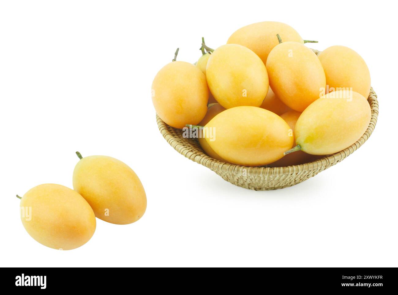 Sweet Marian plum fruit in basket on white background(Mayongchid ...