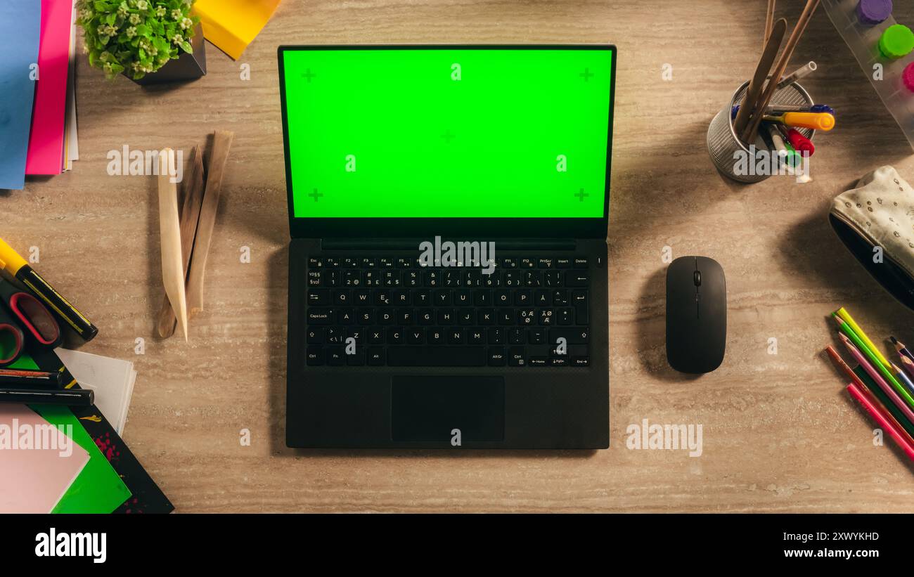Top View of a Laptop Computer with Mock Up Green Screen Chromakey ...
