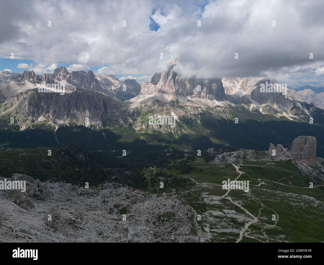 Cinque 5 torri five towers Aerial view of the Dolomites mountain ...