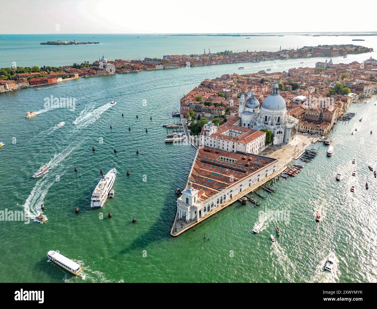 An aerial view of Basilica Santa Maria della Salute and the canals of ...