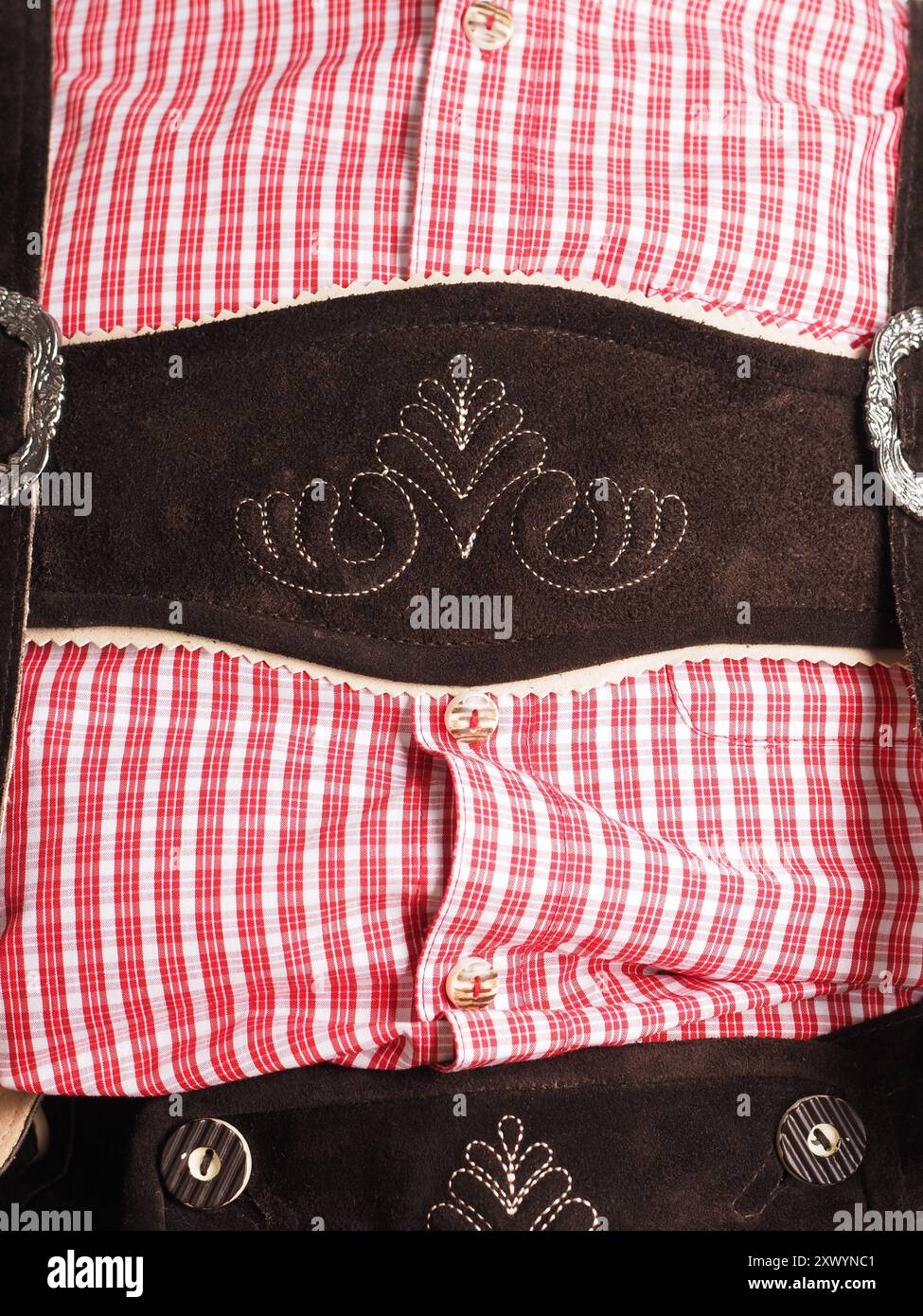 Close-up of lederhosen with traditional shirt in check pattern ...