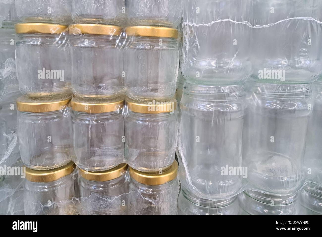 Glass jars for seaming in packaging in a store. Preservation of ...