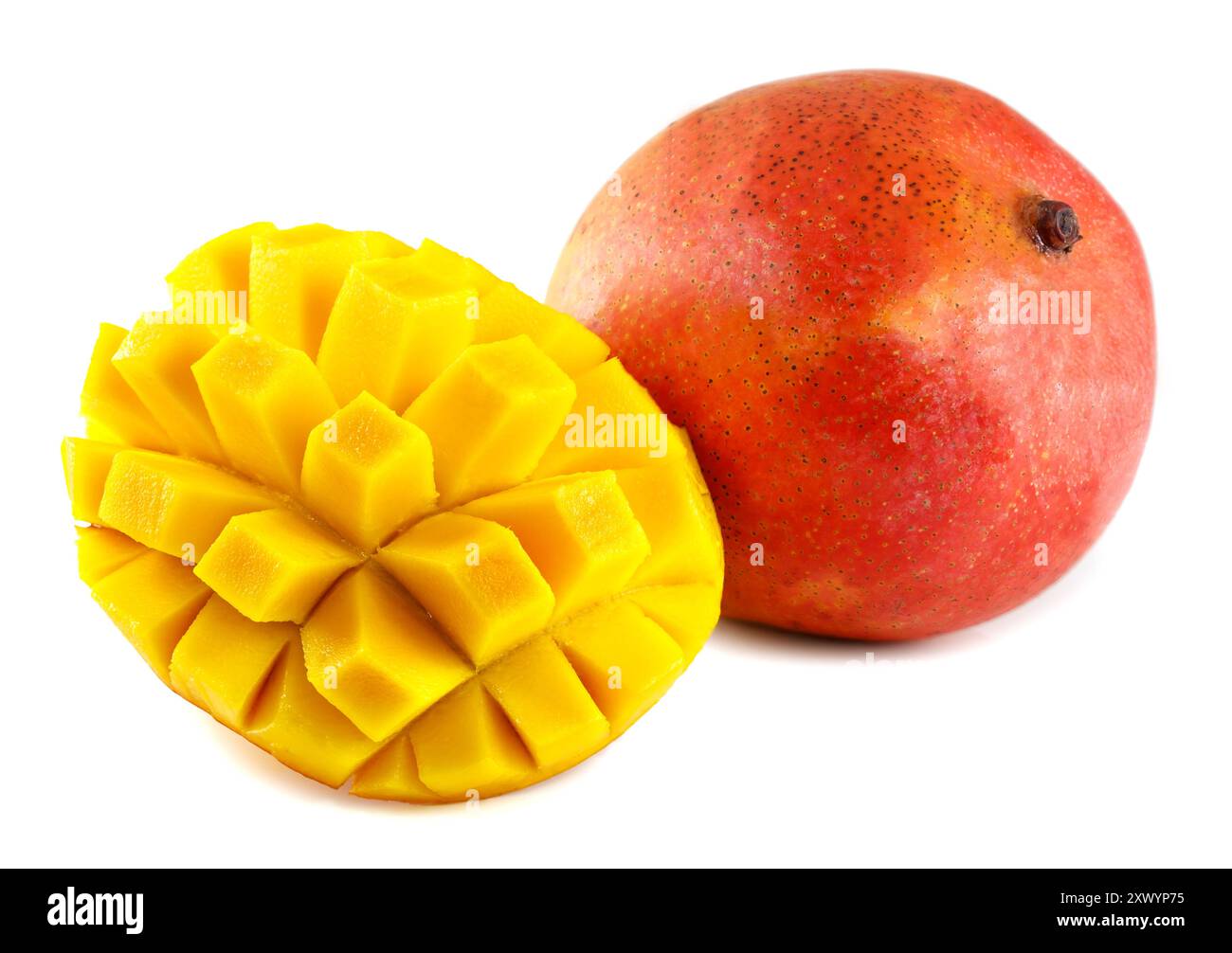 Mango with section on a white background. File contains a path to cut ...