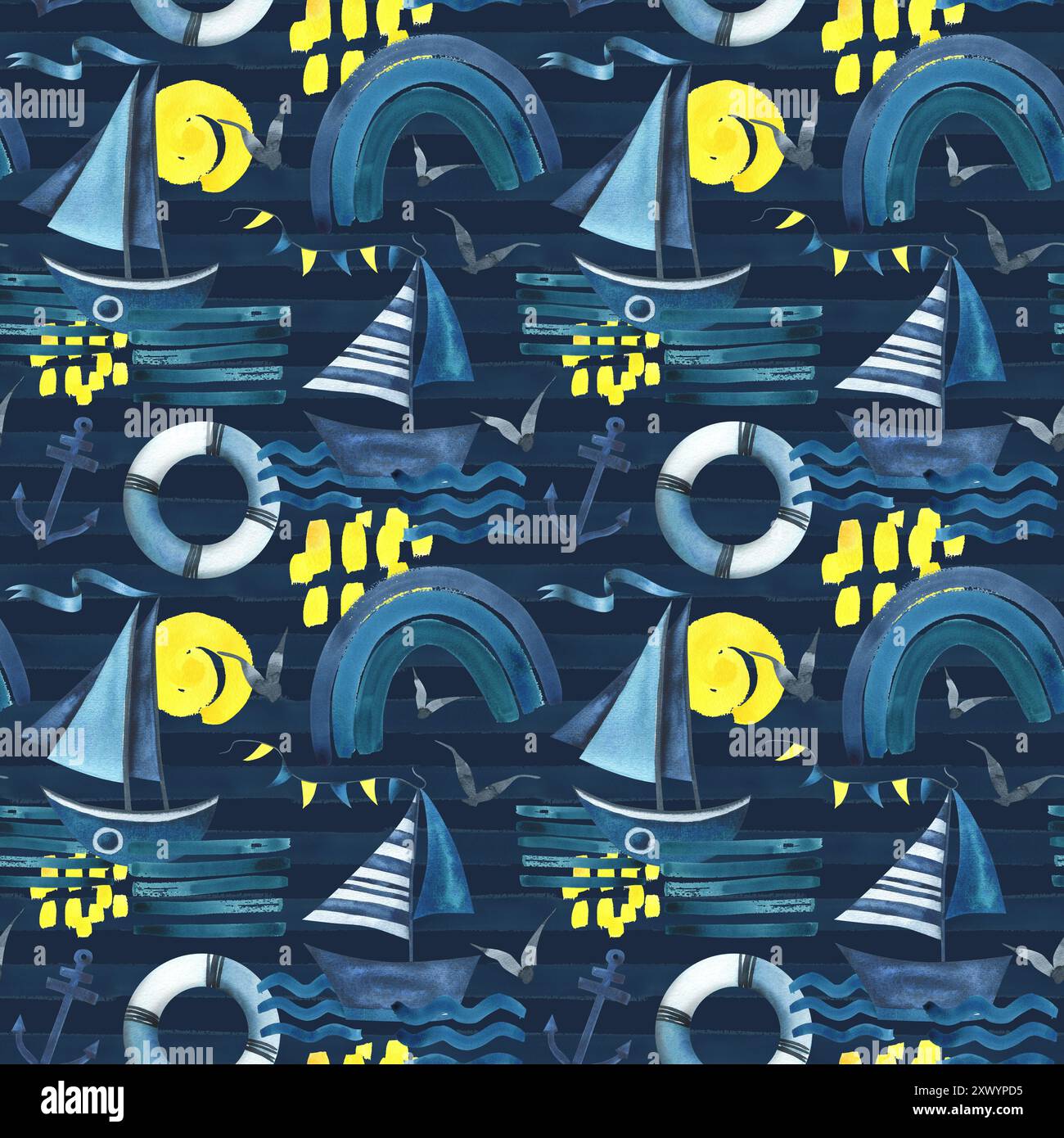 Sailing blue boats with a ribbon floating on the water with a yellow ...