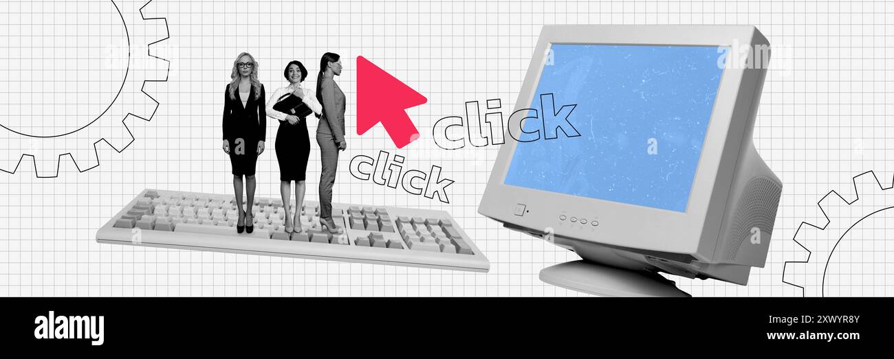 Panoramic creative collage businesspeople pc keyboard monitor screen ...