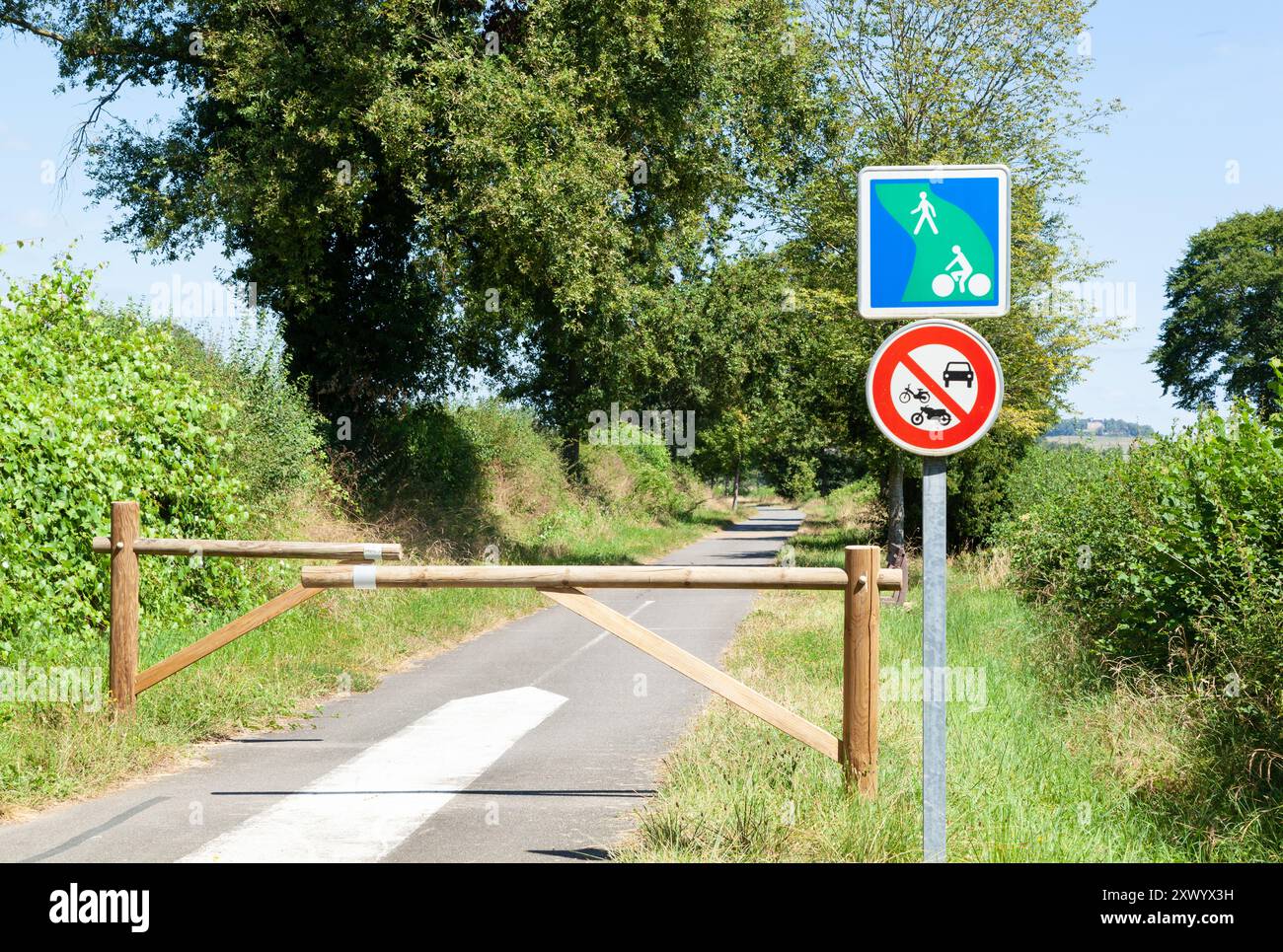 Road signs on the background of the road and nature Stock Photo - Alamy