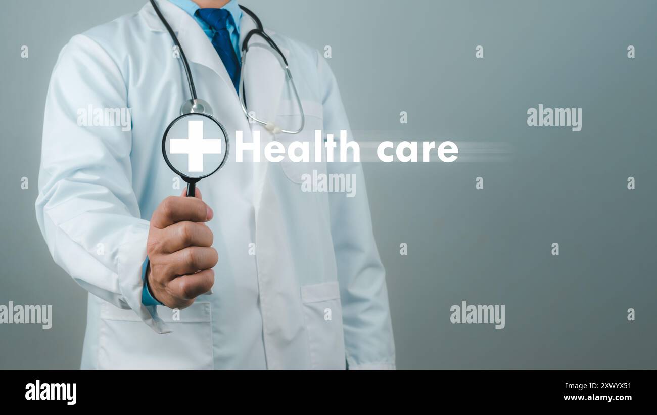 Doctor hold magnifying glass with plus sign, Health insurance and ...