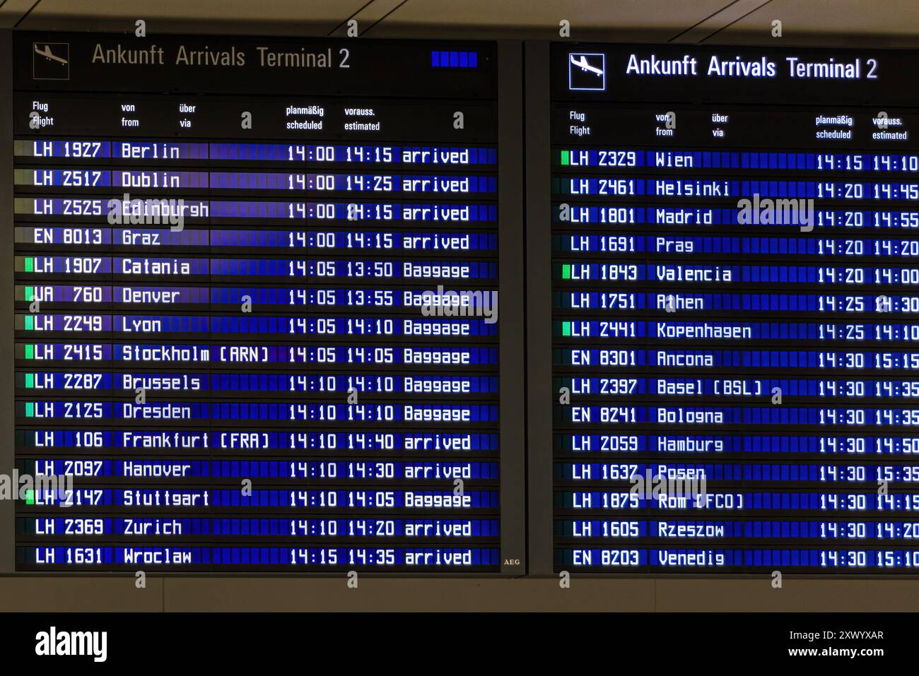 MUNICH, GERMANY - AUGUST 19, 2024: A digital arrival board displays ...