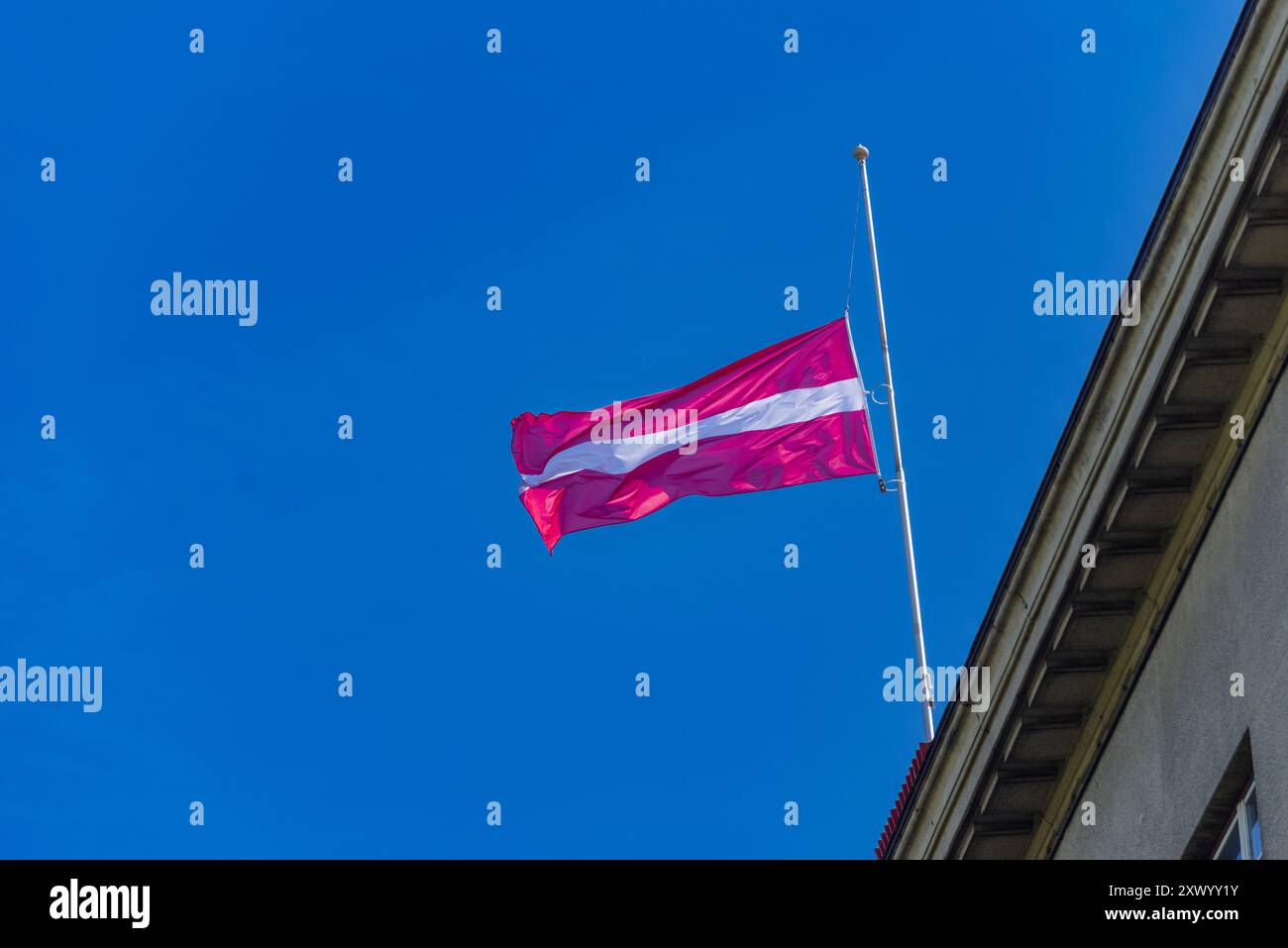 Latvian national flag hanging half-way Stock Photo - Alamy
