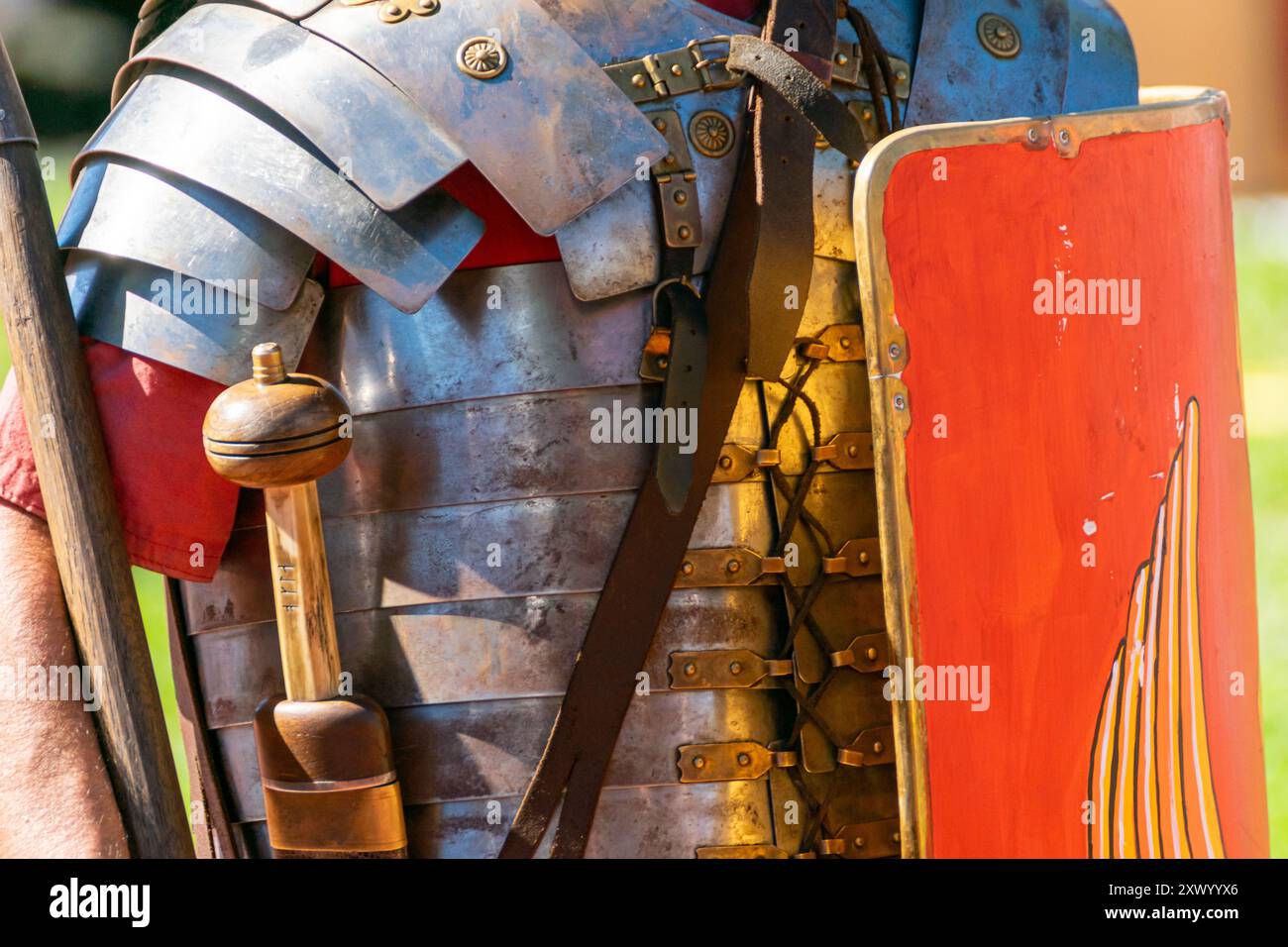 detail of the metal armor of a roman legionary in a historical ...