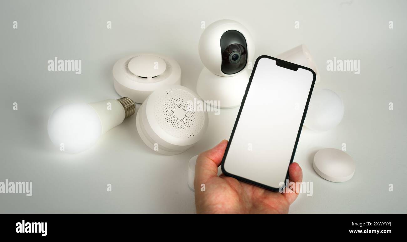 Smartphone white screen mockup. Smart home devices automation. Base ...