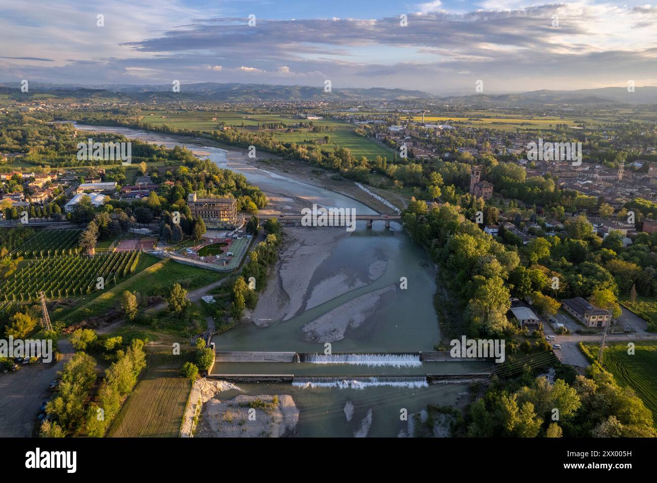 Aerial view of the town of Spilamberto (province of Modena, Italy) and ...