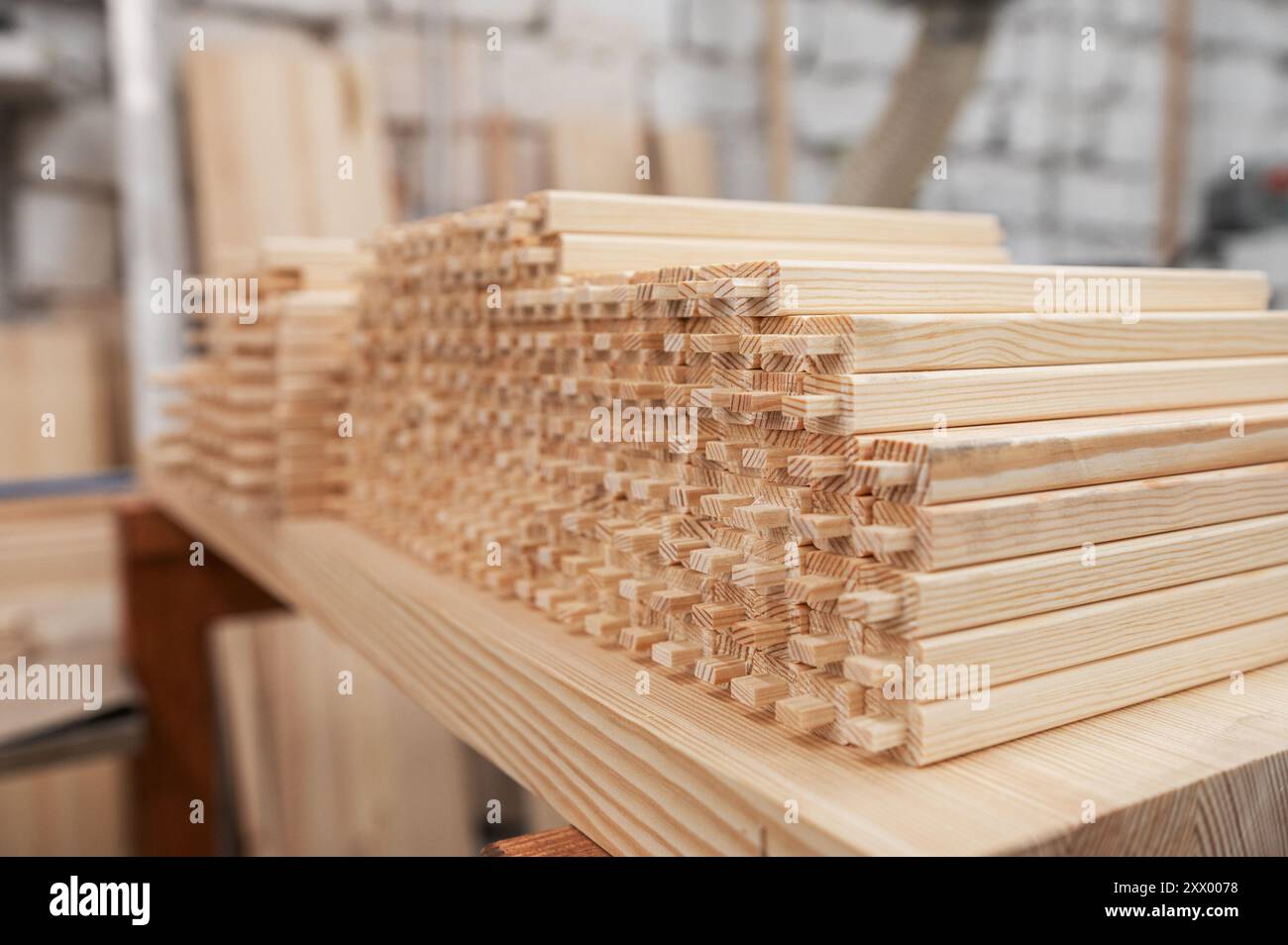 Furniture factory workshop with different wood items Stock Photo - Alamy