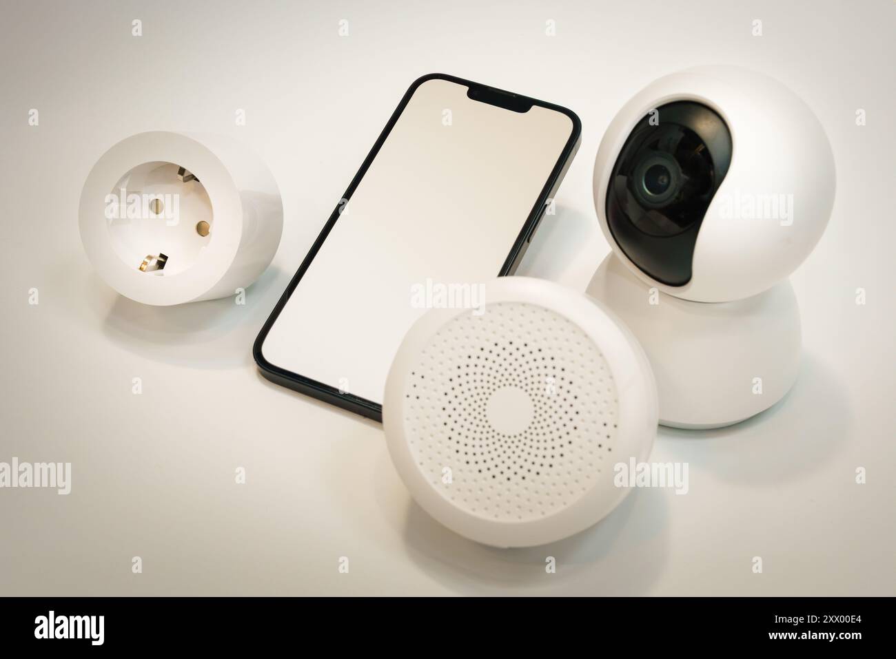 Smart home devices equiopment. Empty white screen mockup. Webcam ...